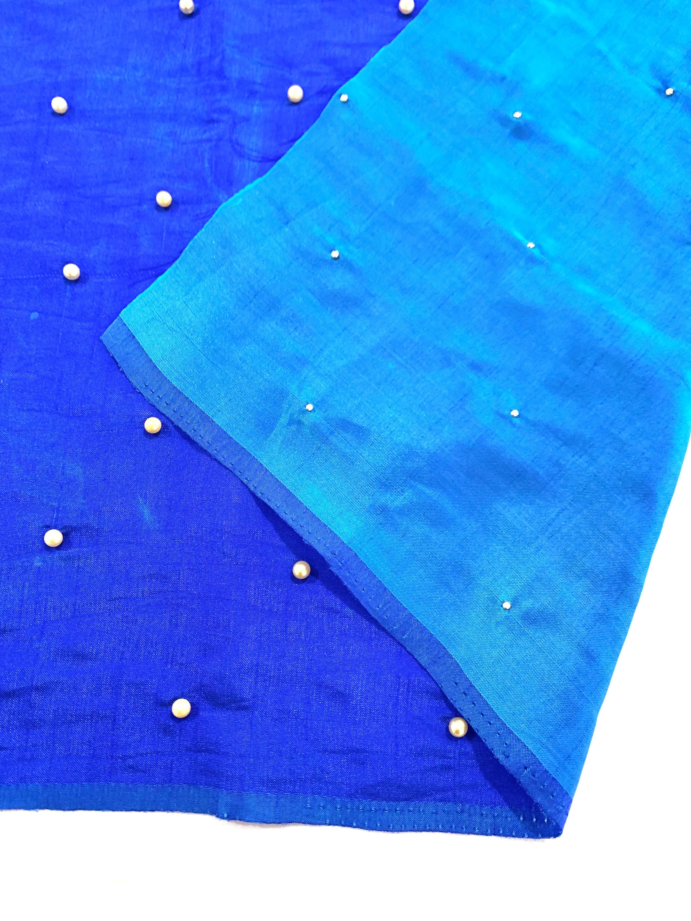 Royal Blue Satin Silk Fabric, Pearls Studded Fabric, Formal Wear Fabric ...