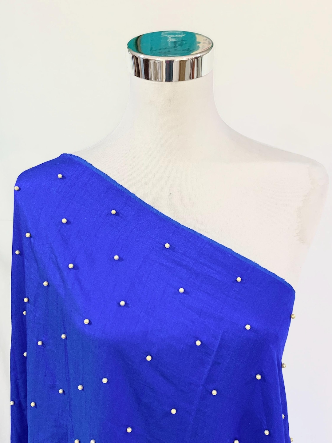 Royal Blue Satin Silk Fabric, Pearls Studded Fabric, Formal Wear Fabric ...