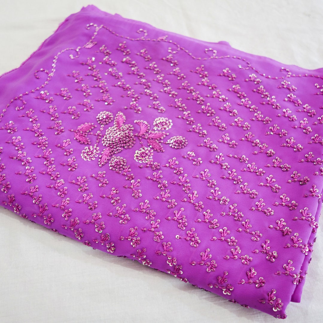 Magenta Georgette Sari, Hand Beaded S Saree, Fine Silver Sequins ...
