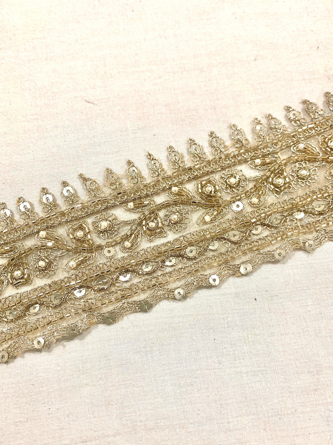 Light Gold Bridal Trim, Hand Embroidered Border Trim, Broad Light Gold ...