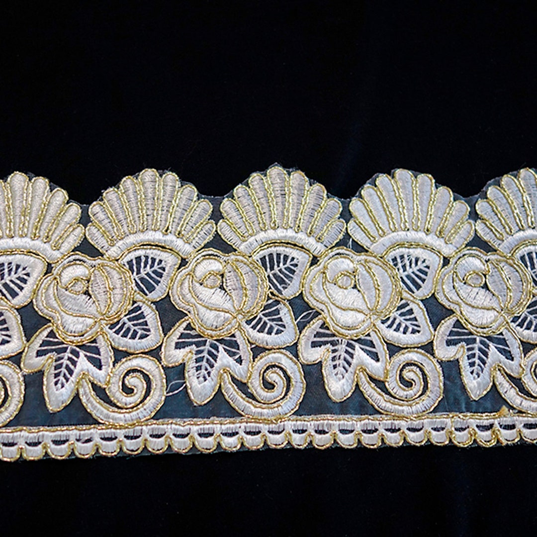 Cream N Gold Trim, Silk Embroidered Trim, Fine Golden Cord Trim, Sheer ...