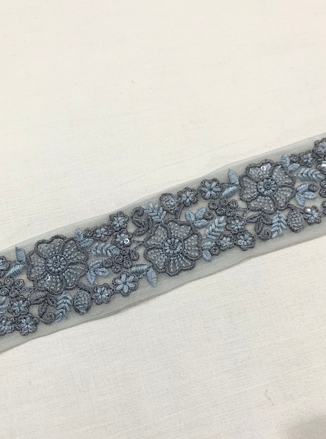 Blue N Grey Trim, Cloud Grey Embroidered Trim, Luxurious Tulle Border ...