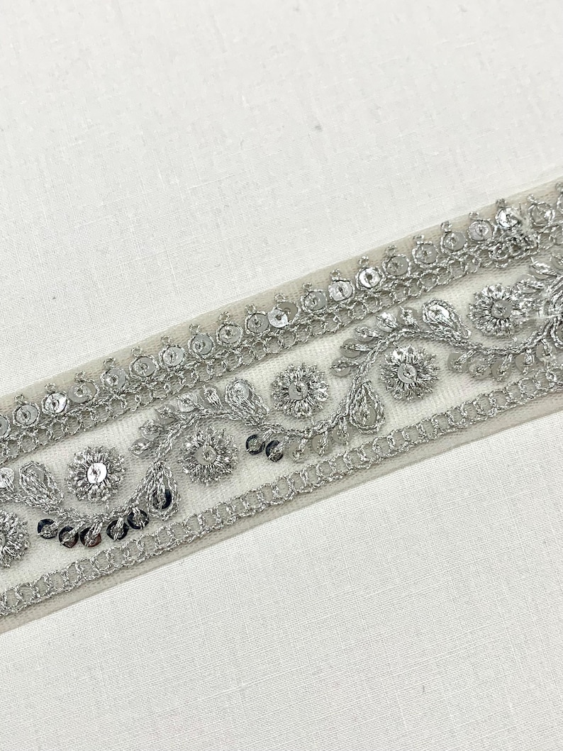 Silver Embroidered Trim, Silver Tulle Base Trim, Silver Border Trim ...