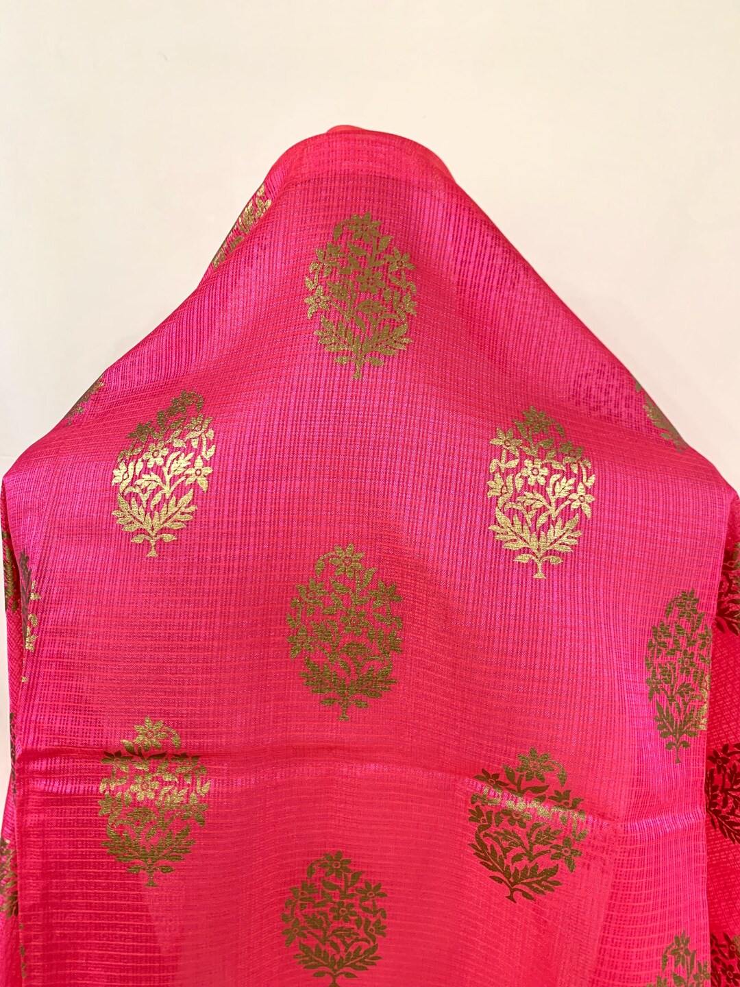 Hot Pink Silk Fabric - Hot Pink Cotton Silk Fabric - Gold Print Cotton ...