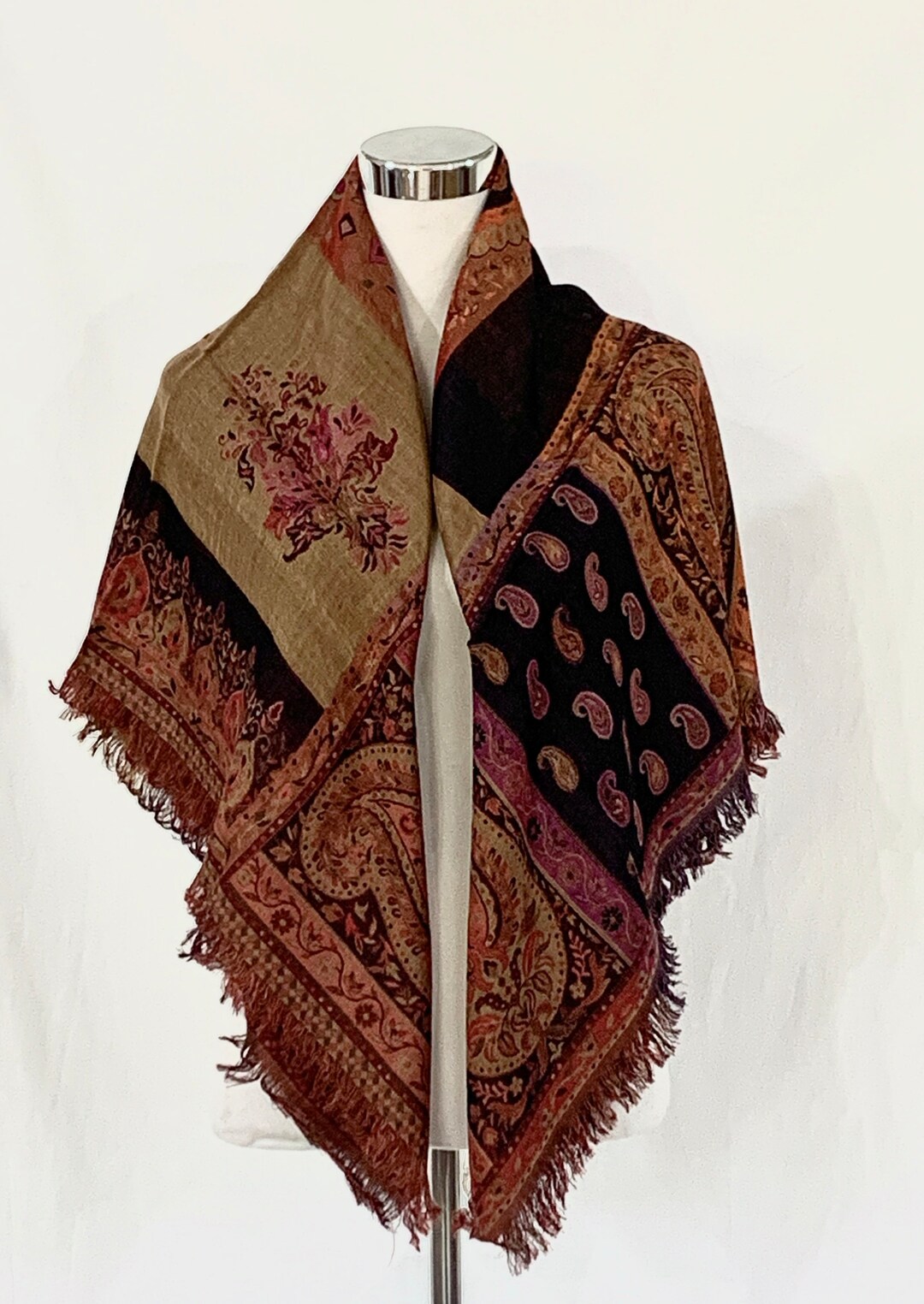 Black Paisley Silk Wool Shawl, Luxurious Square Scarf Shawl, Feel Good ...