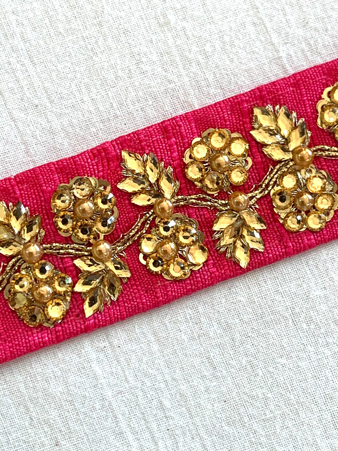 Hot Pink Embroidered Raw Silk Trim Gold Crystals Floral - Etsy Australia