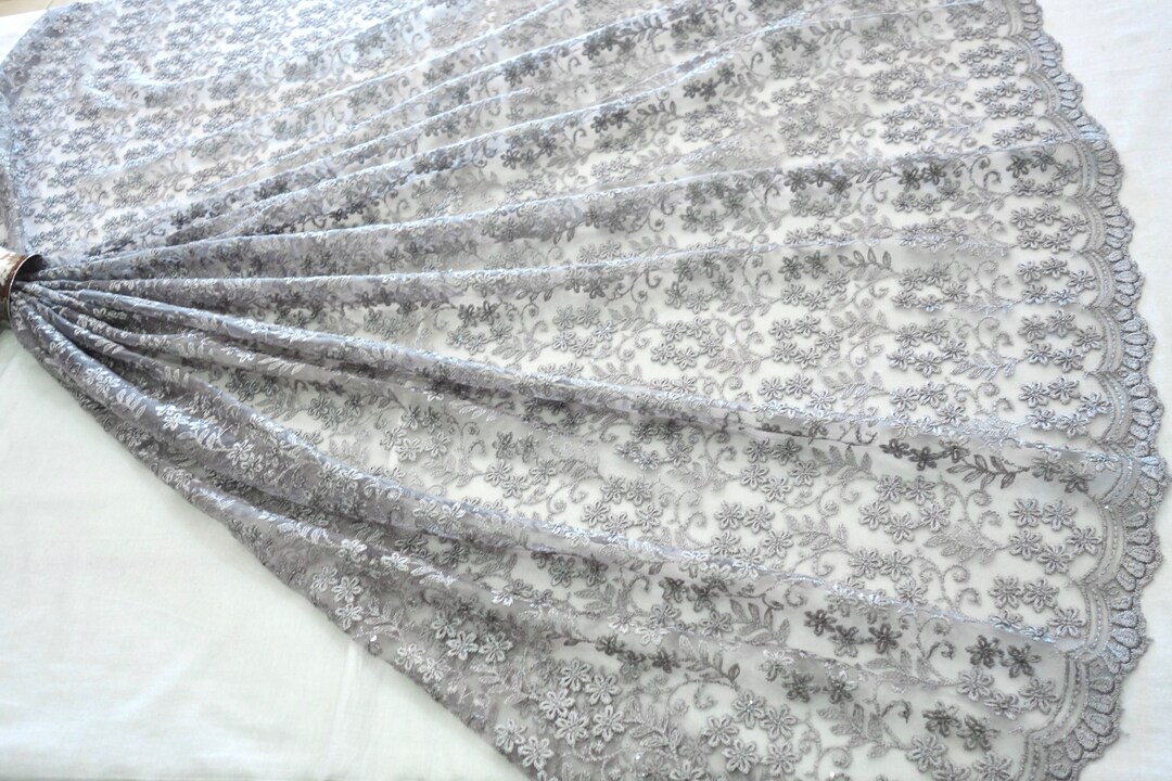 Grey Tulle Fabric - Grey Lace Fabric - Grey Floral Tulle Fabric ...