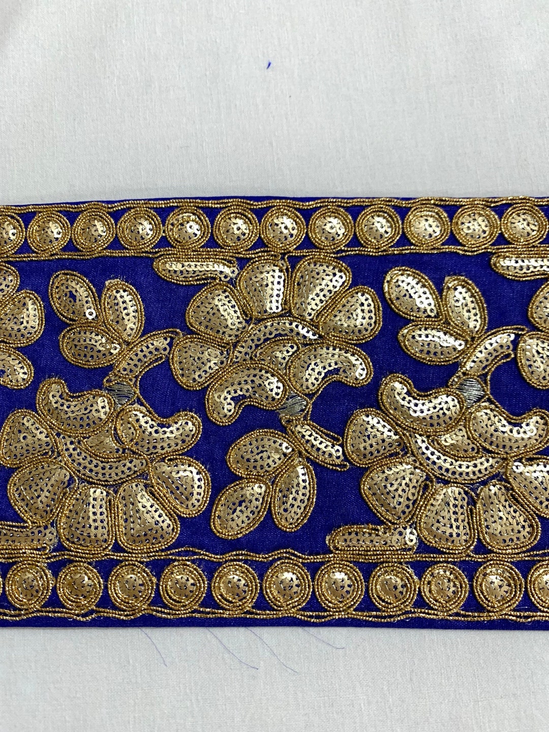 Wide Blue and Gold Trim, Hand Made Floral Trim, Gold Sequins Embroidery ...