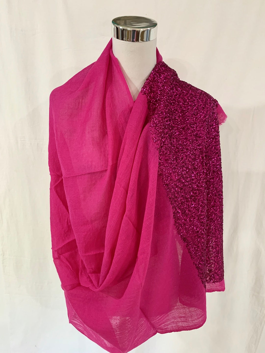 Hot Pink Silk Wool Wrap, Hand Embroidered Sequins Shawl, Evening Wear ...