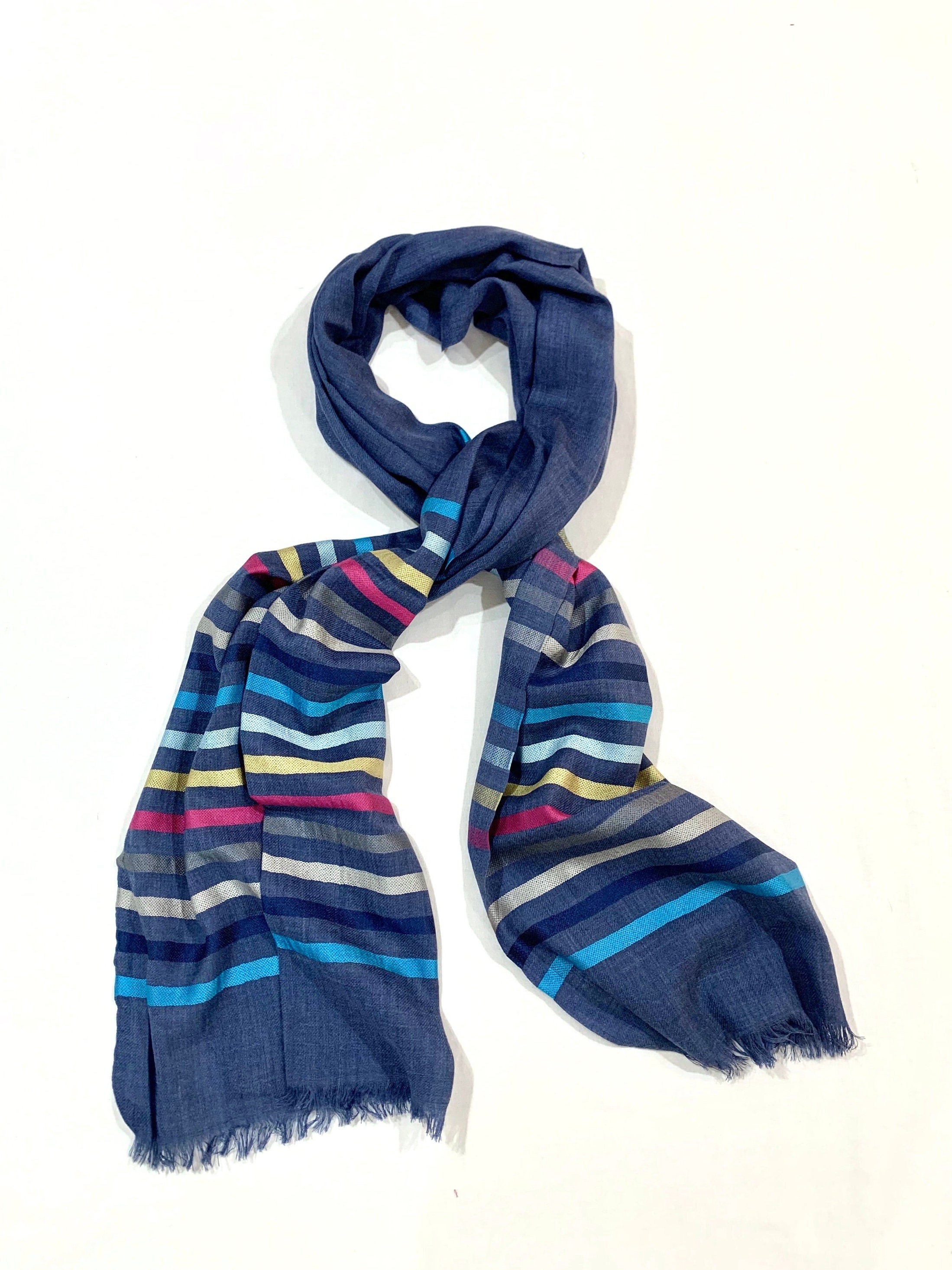 Wide Unisex Blue Shawl, Silk Wool Feel Good Stripped Shawl, Winter N ...
