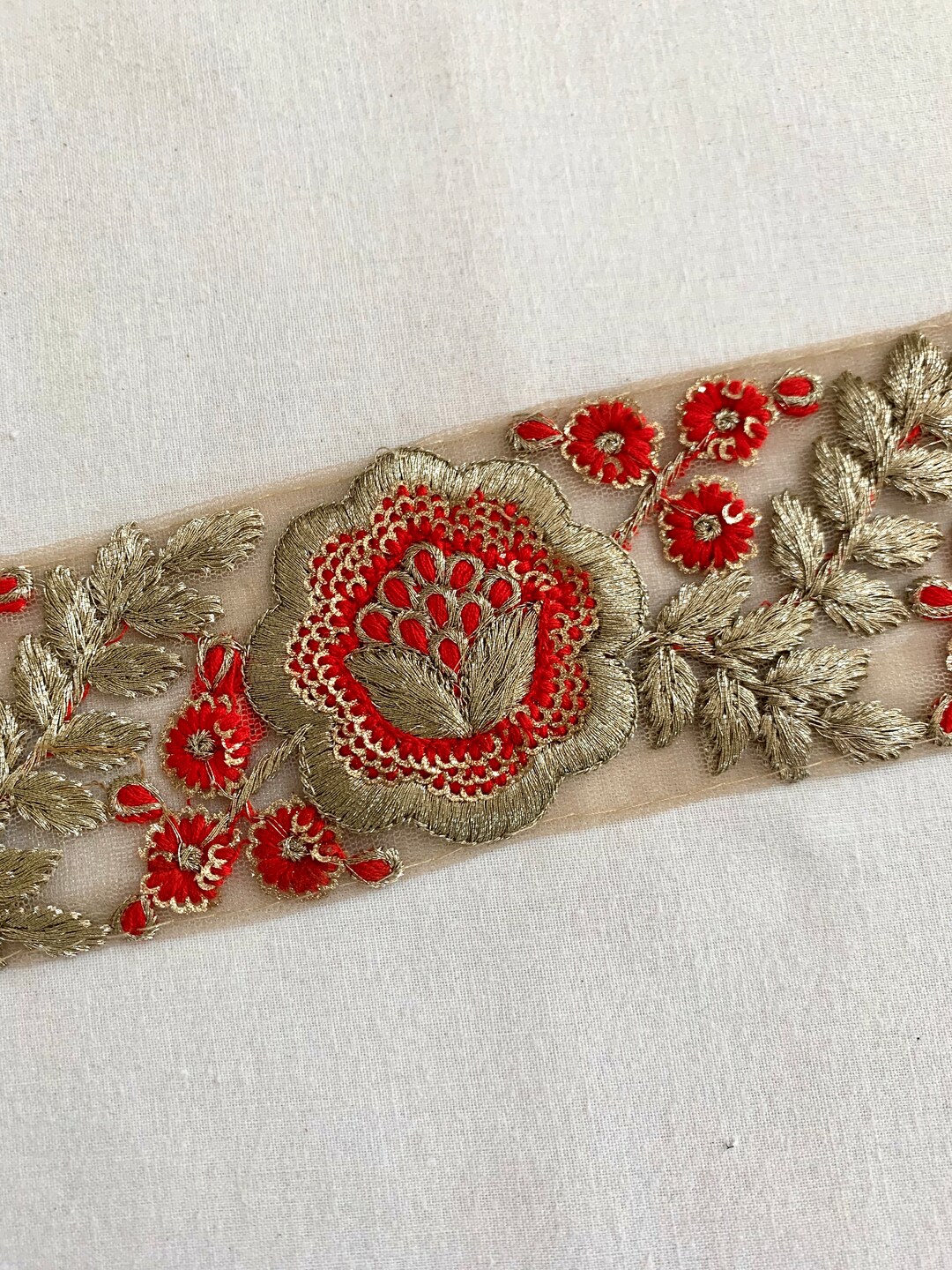 Red N Gold Trim, Embroidered Trim, Red Floral Trim, Gold Floral Tulle ...