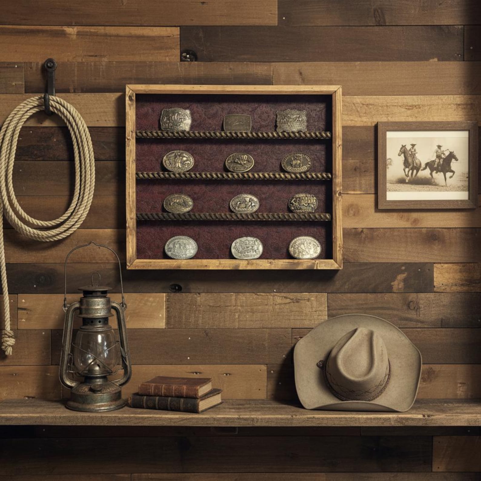 20 Buckle Rustic Western Buckle Display With Cowhide Backing and No ...