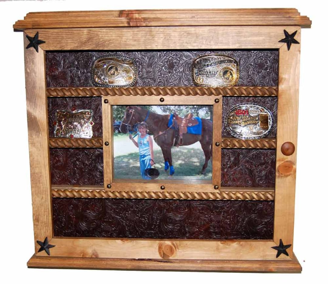Rustic Glass Door Western Buckle Display Holds 14 Trophy Rodeo Buckles ...