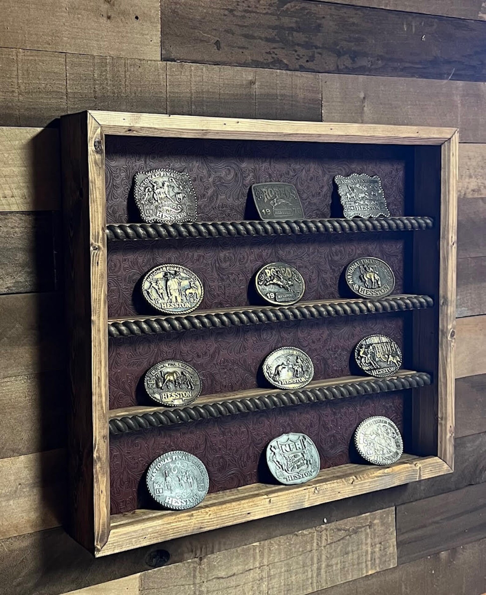 20 Buckle Rustic Western Buckle Display With Cowhide Backing and No ...