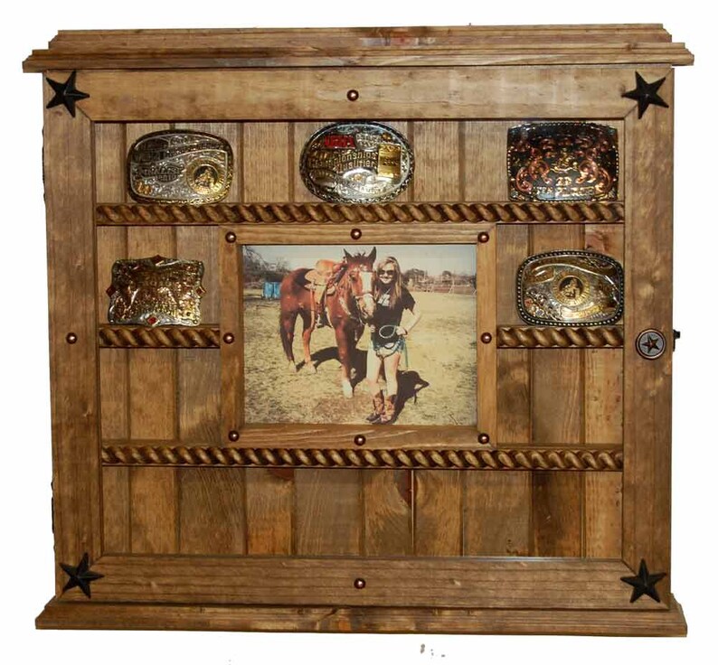 Rustic Glass Door Western Buckle Display Holds 14 Trophy Rodeo Buckles ...