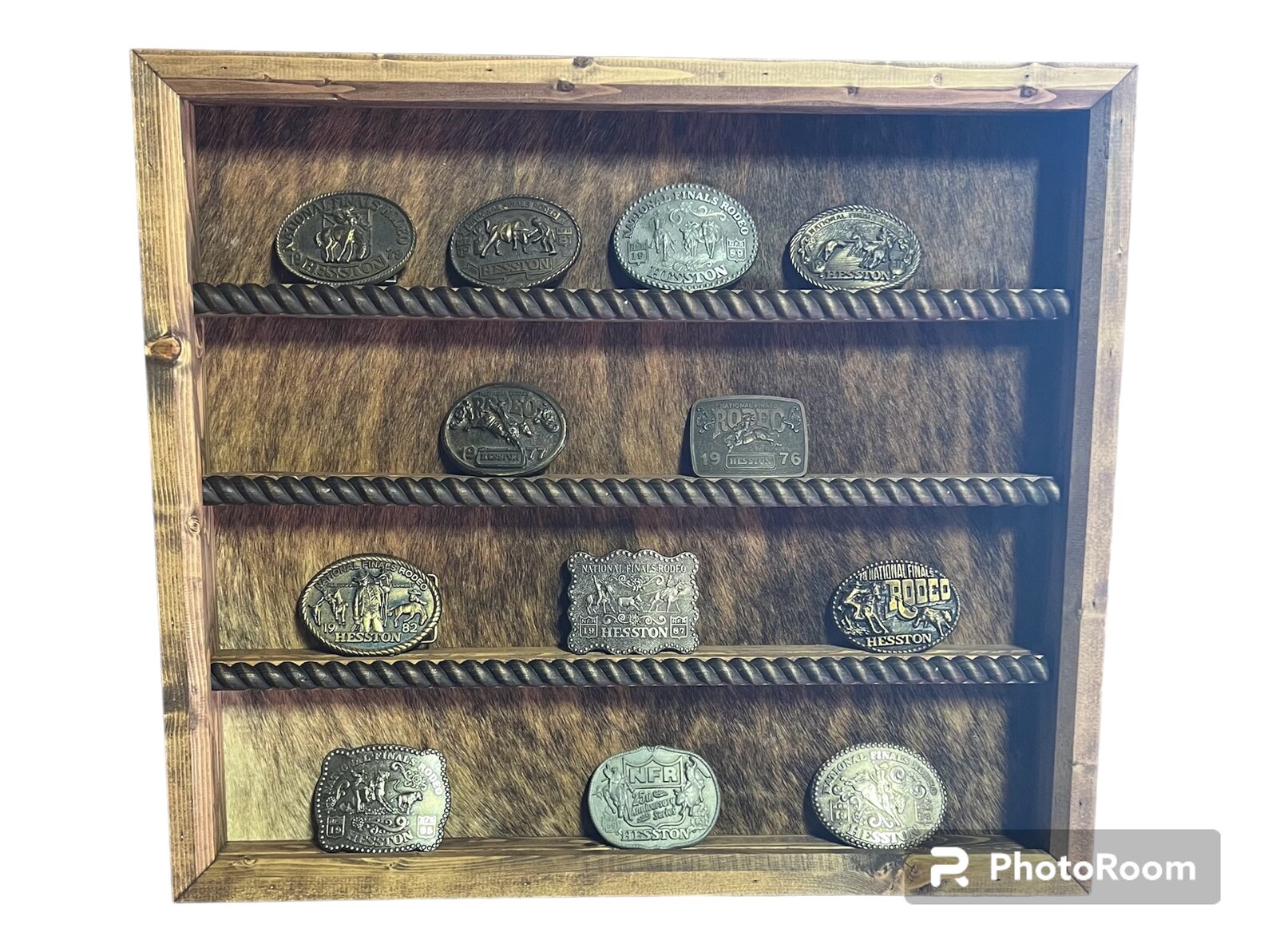 20 Buckle Rustic Western Buckle Display With Cowhide Backing and No ...