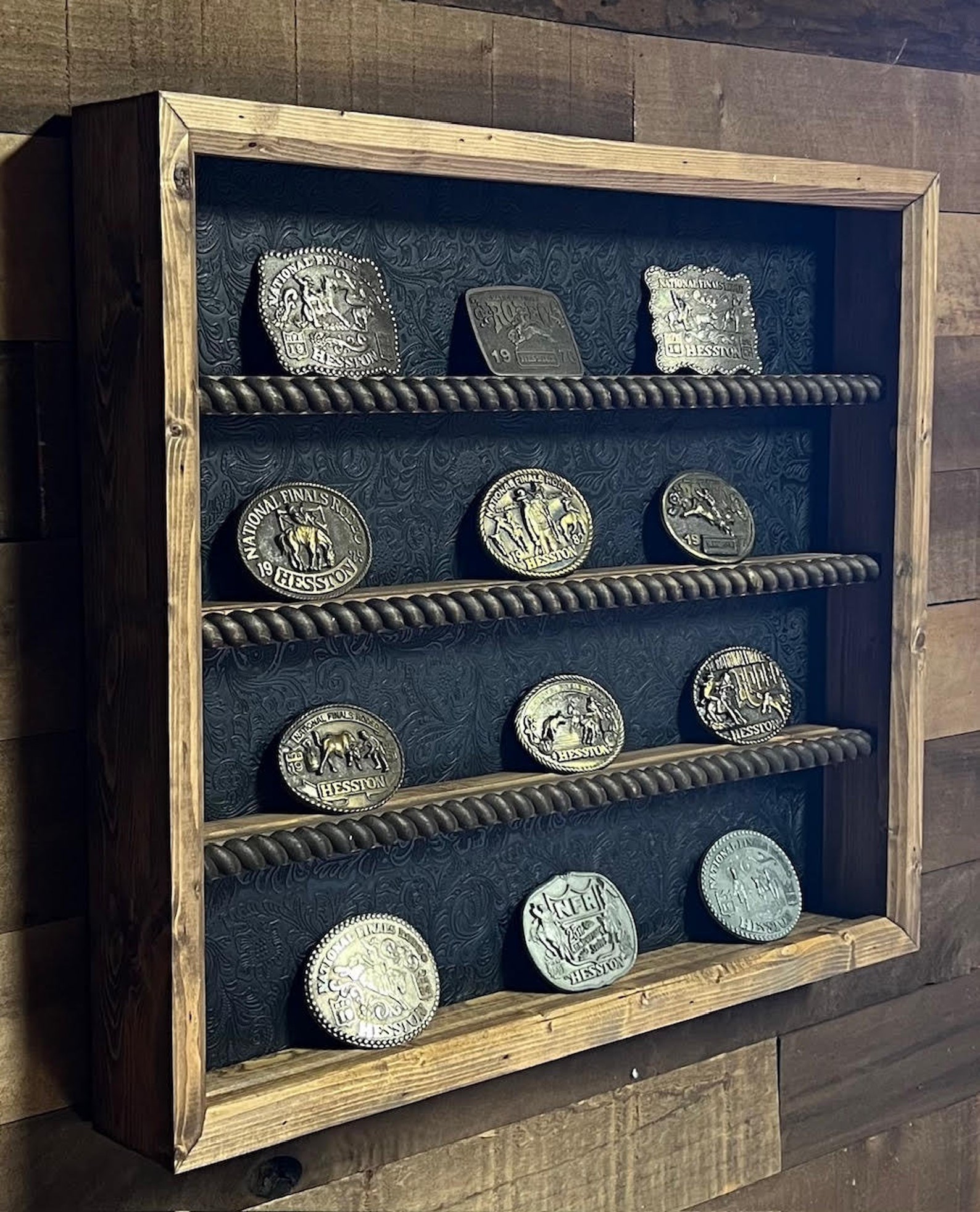 20 Buckle Rustic Western Buckle Display With Cowhide Backing and No ...