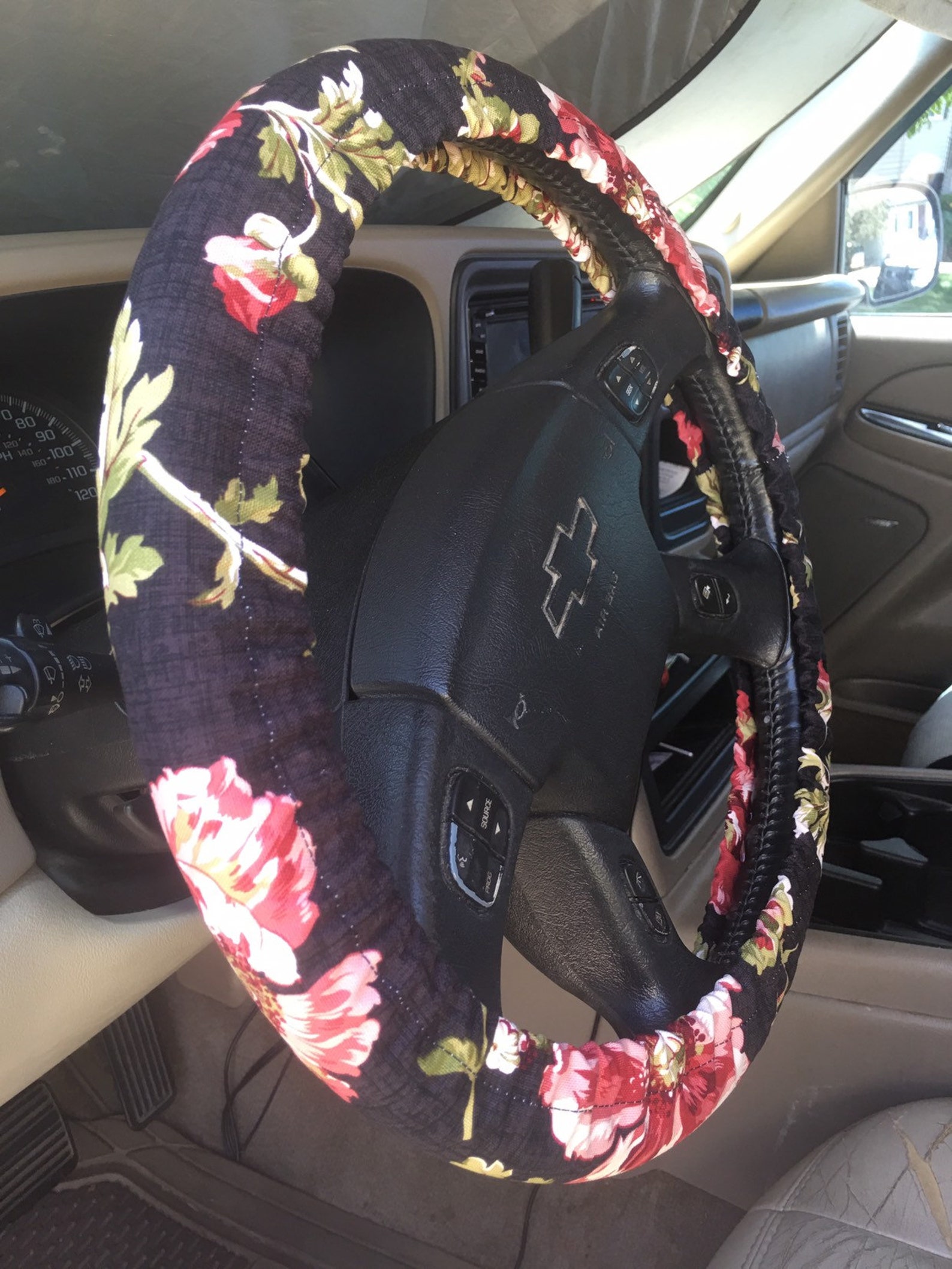 Steering Wheel Cover Floral on Black Solid Designer Fabric Flowers Car ...
