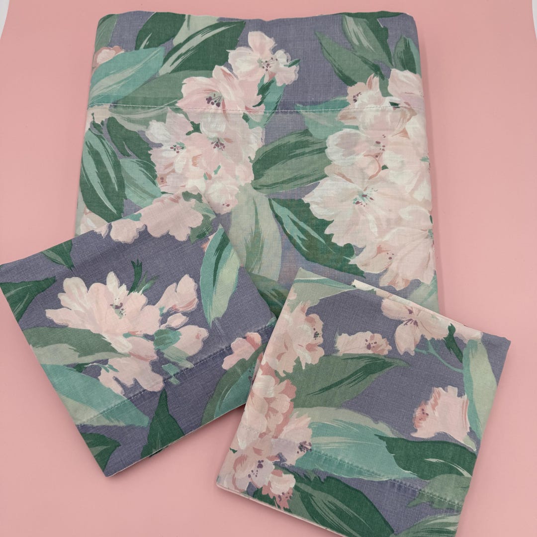 Vintage Stevens Periwinkle Blue Floral King Sheet With Pair Standard ...
