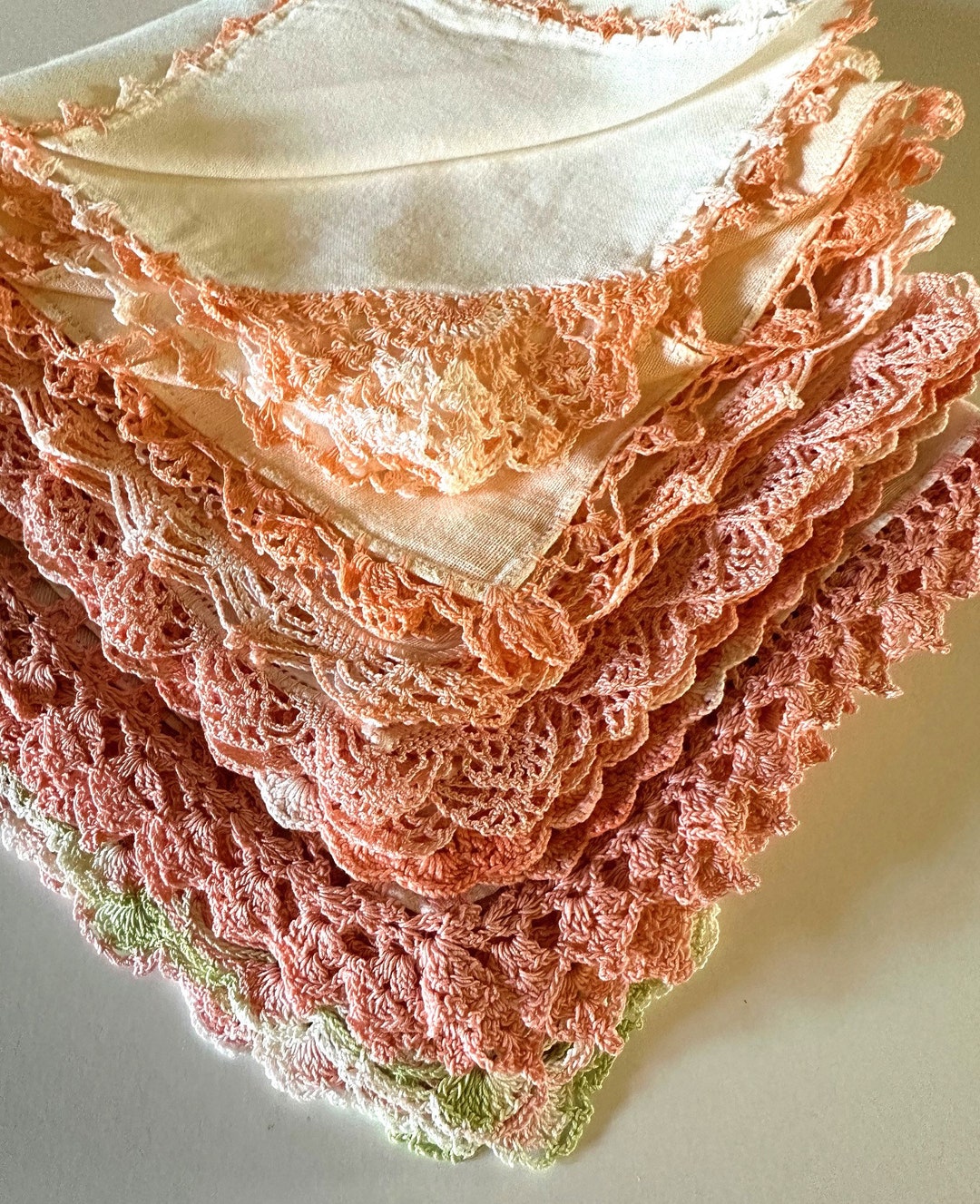 Bundle Peach Fancy Handkerchiefs Crocheted Tatting Edges - Etsy