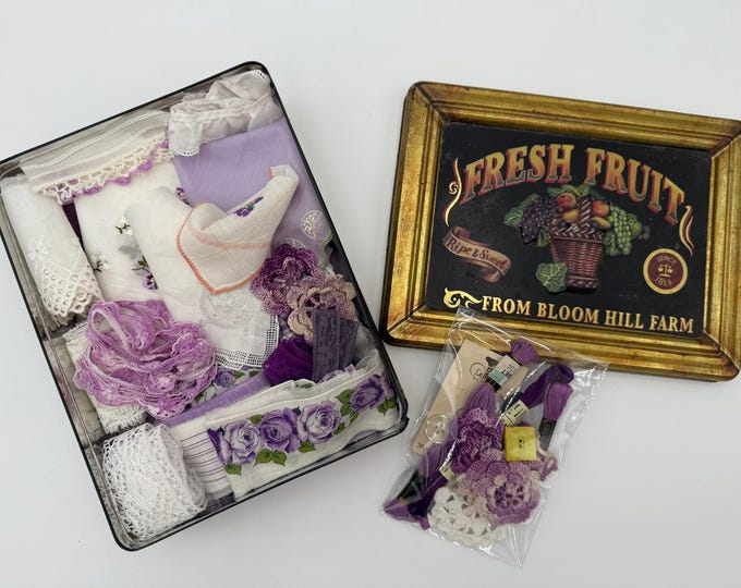 Lavender Lace Fabric Craft Bundle in Vintage Tin, Purple Slow Stitch ...