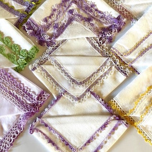 Purple Yellow Handkerchief Bundle Tatting Crocheted Edges - Etsy
