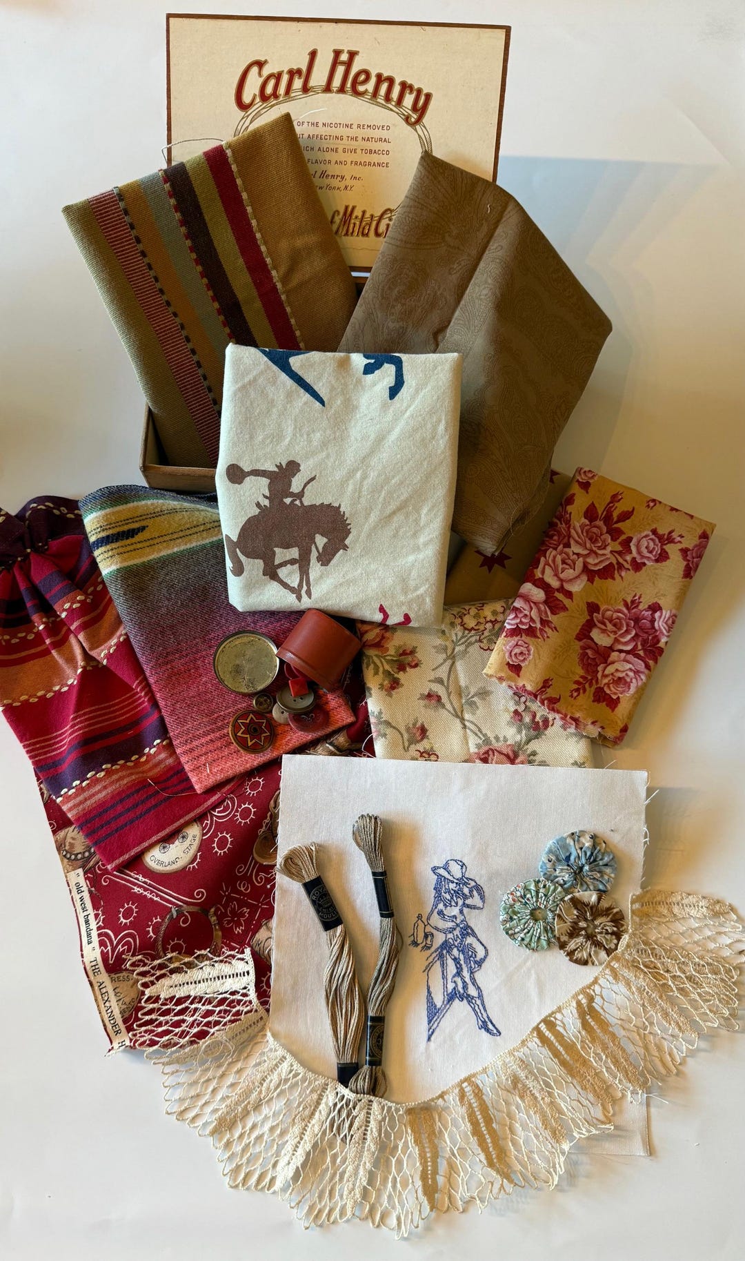 Vintage Western Fabric Craft Bundle: Cowgirl Embroidery, Lace, Buttons ...