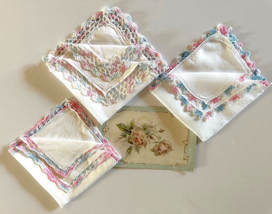 Pastel Baby Blue and Pink Crochet Tatting Handkerchief Bundle - Etsy