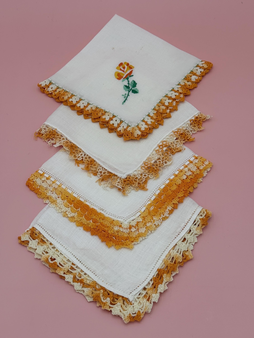 Crocheted White Handkerchief Bundle of 4 Orange Crochet - Etsy