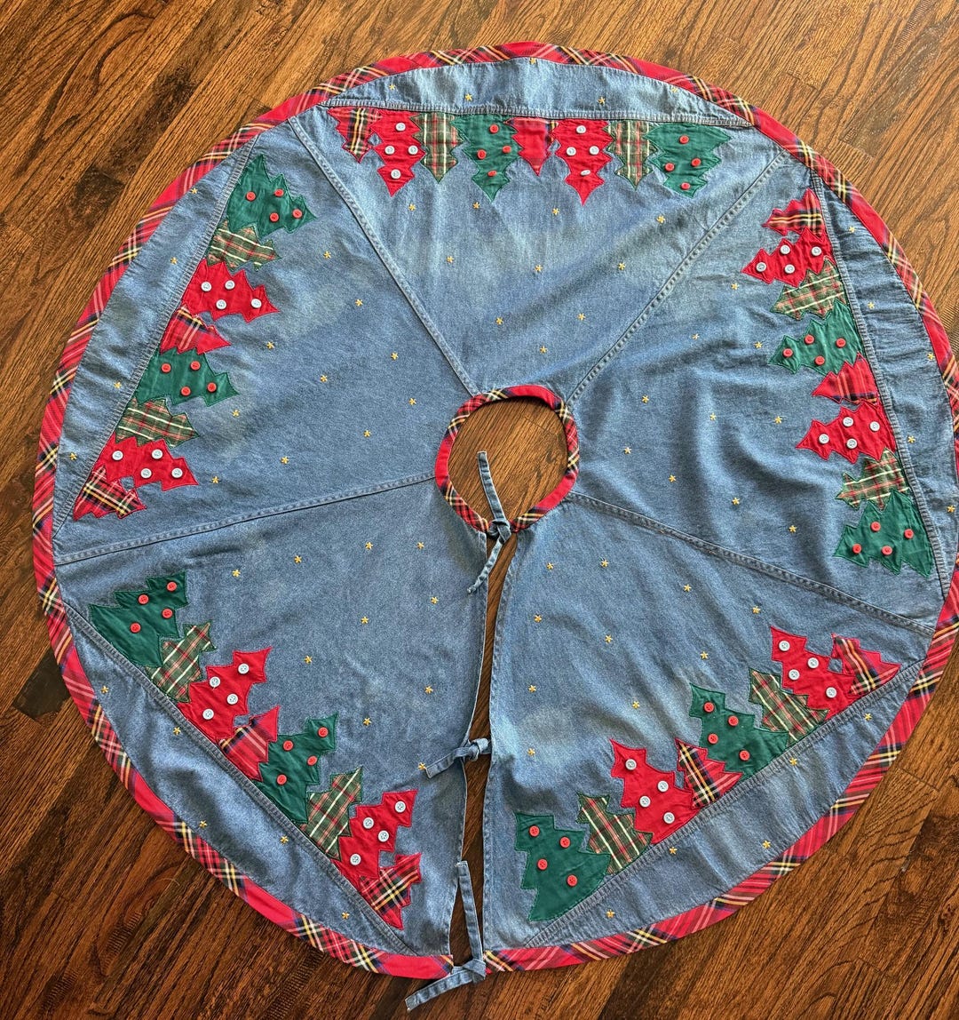 Rustic Denim Tree Skirt Applique Christmas Trees, Rustic Christmas Tree ...