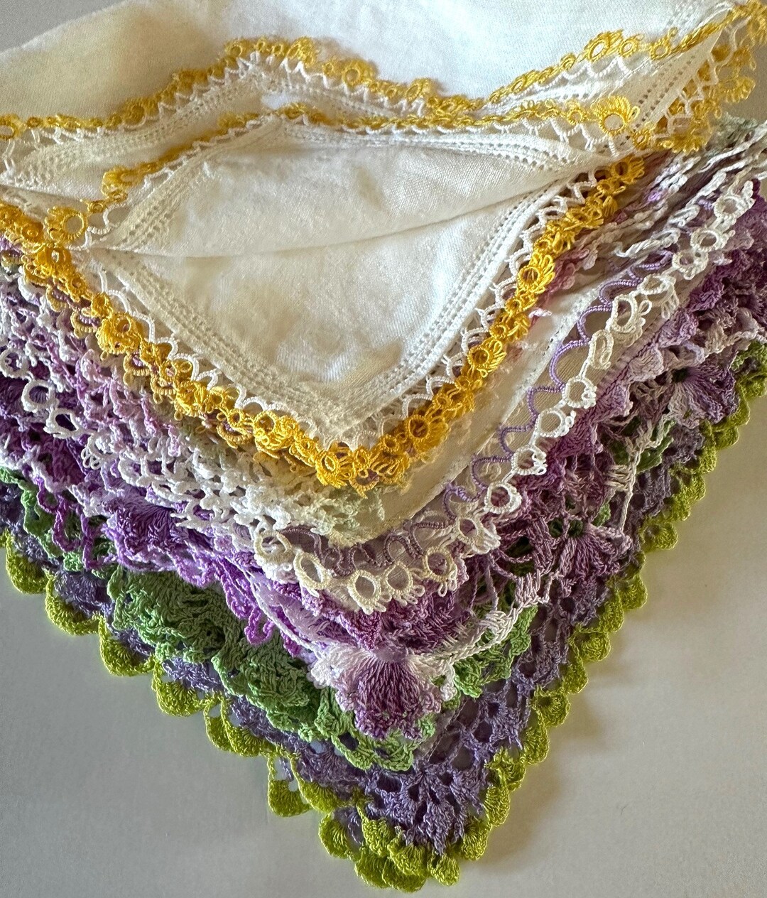 Purple Yellow Handkerchief Bundle Tatting Crocheted Edges - Etsy
