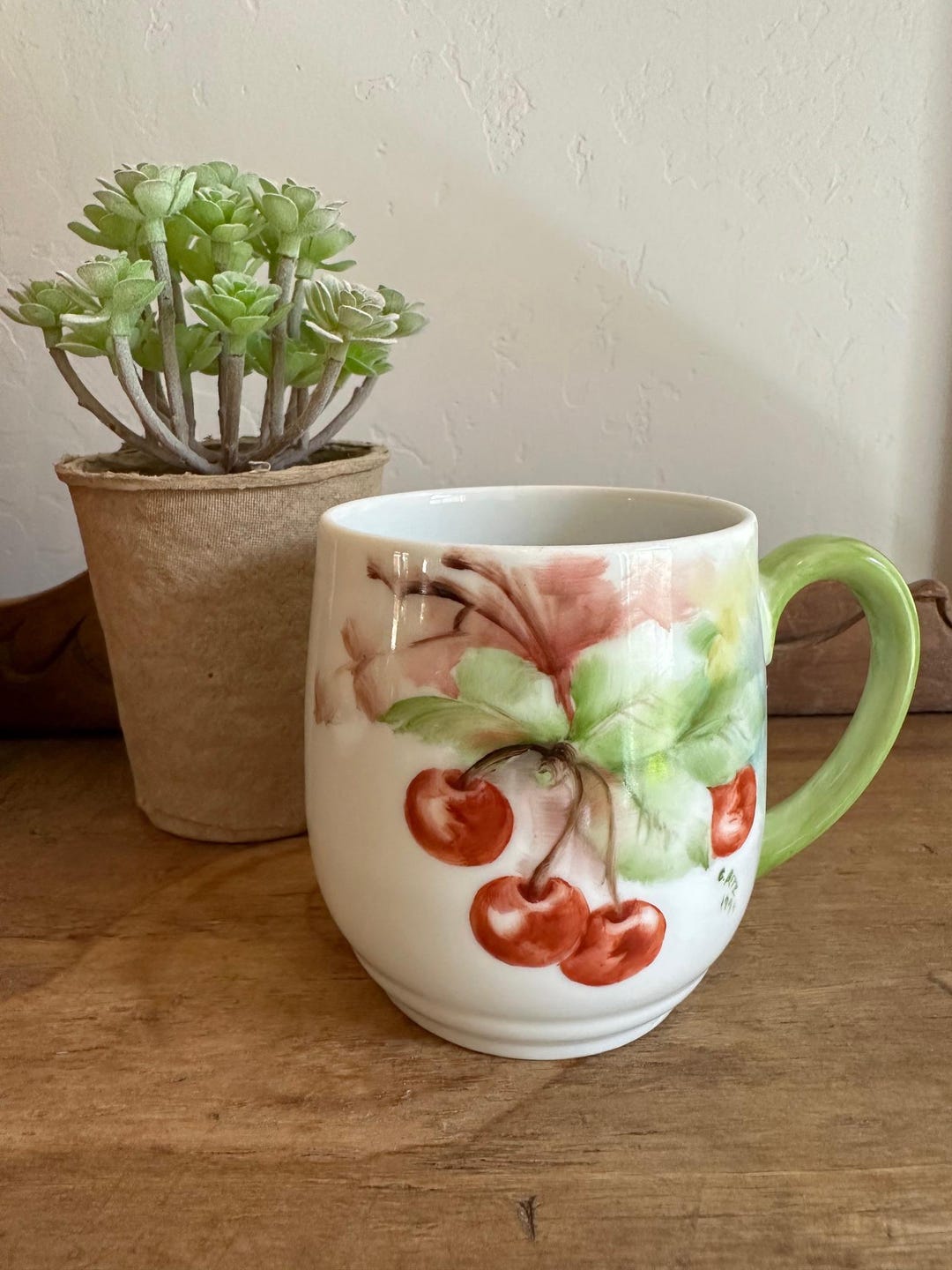 Porcelain Hand Painted Cherry Cup, Vintage Hand Painted Coffee Mug ...