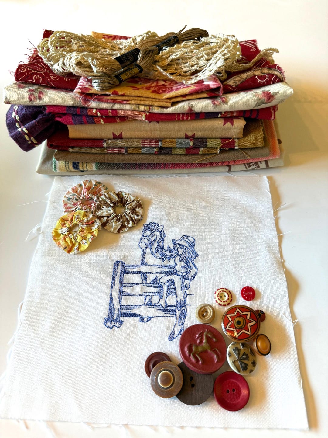 Vintage Western Fabric Craft Bundle: Cowboy Buttons, Embroidery Piece ...
