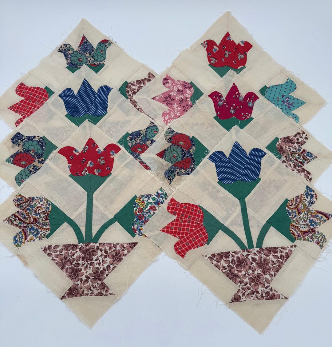 Vintage Tulip Quilt Blocks – 1930s Feedsack Appliqué Flowers, Handmade ...