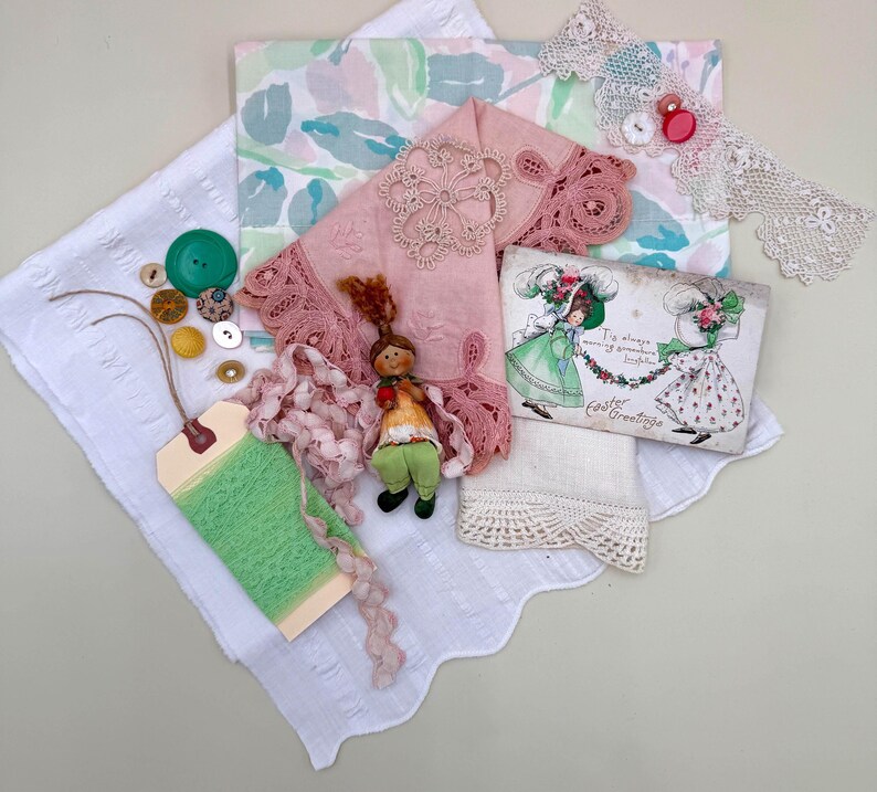 Vintage Pink Mint Cottagecore Craft Bundle: Lace, Buttons, Ephemera ...