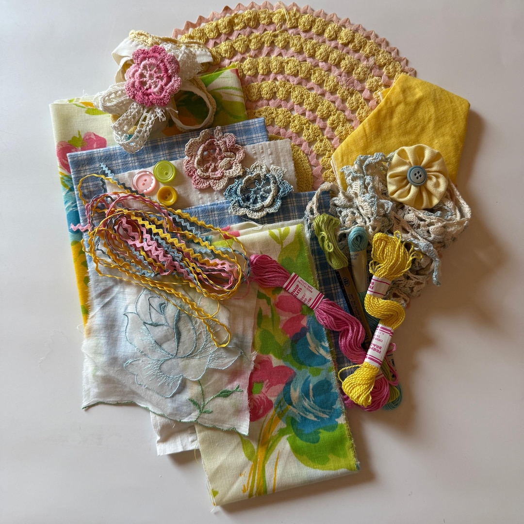 Vintage Spring Craft Bundle Lace Fabric Embroidery Floss Crochet Doilies - Etsy