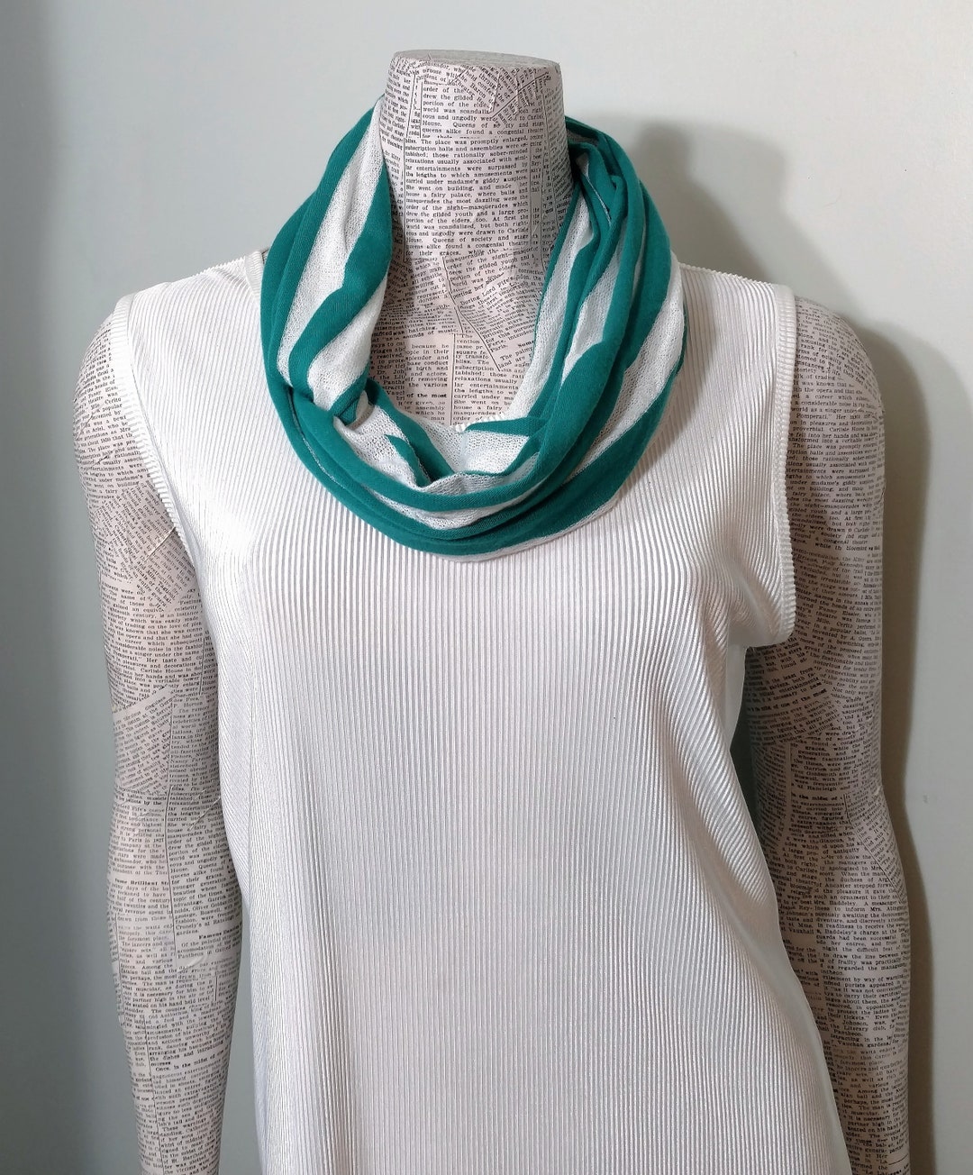 Jade Green and White Stripes on a Loose Weave Polyester Womans Infinity ...