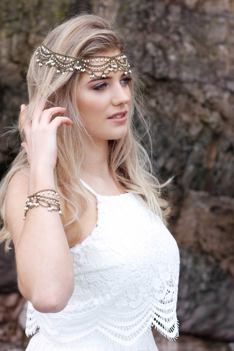 Boho Bridal Headpiece Boho Bride Head Chain Pearl Forehead - Etsy UK