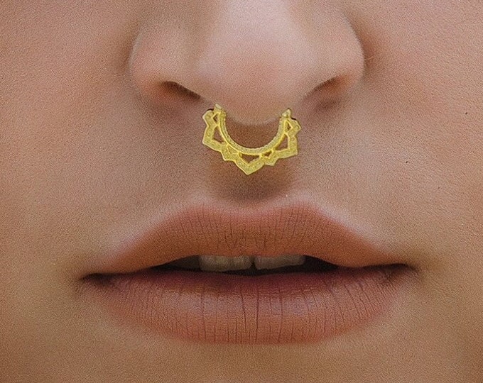 Tribal Lotus Septum Ring, Gold Plated Septum Ring, 16g/18g Septum Ring ...