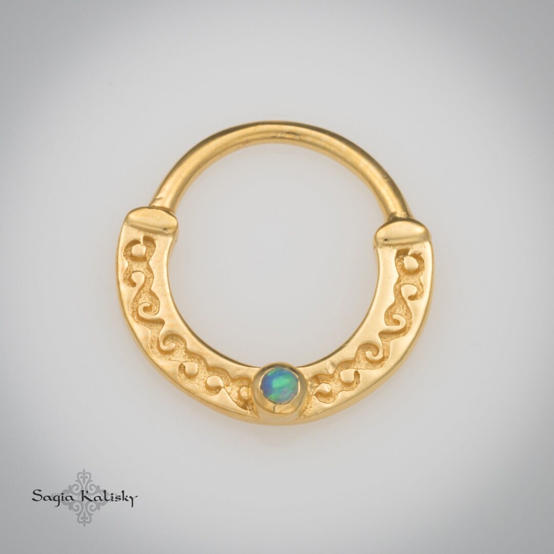 Gold Septum Ring, Gold Septum Jewelry, Gold Daith Earring, Opal Septum ...