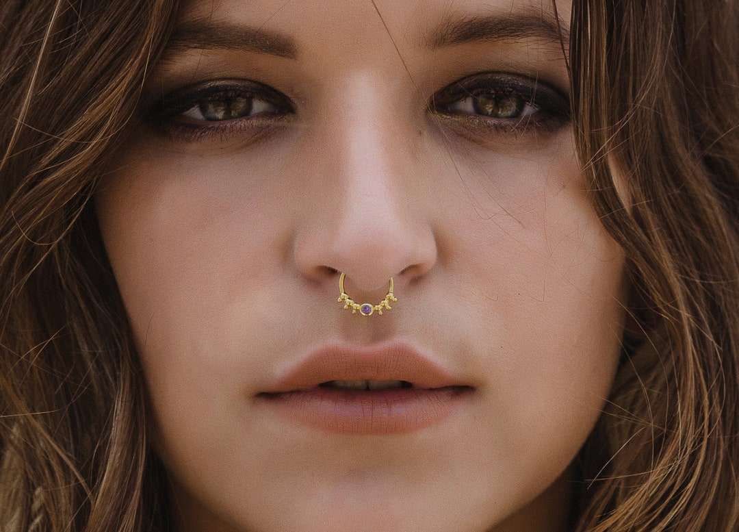 Gemstone Septum Ring Sterling Silver/gold Plated/14k Solid - Etsy