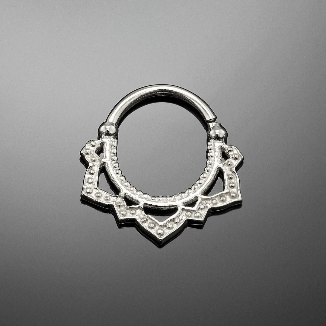 Unique Lotus Flower Septum Ring, 16g/18g Tribal Nose Piercing, Silver ...