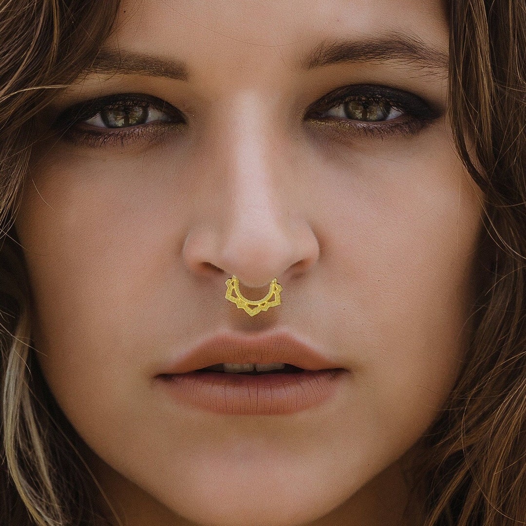 Tribal Lotus Septum Ring, Gold Plated Septum Ring, 16g/18g Septum Ring, Indian Nose Jewelry ...