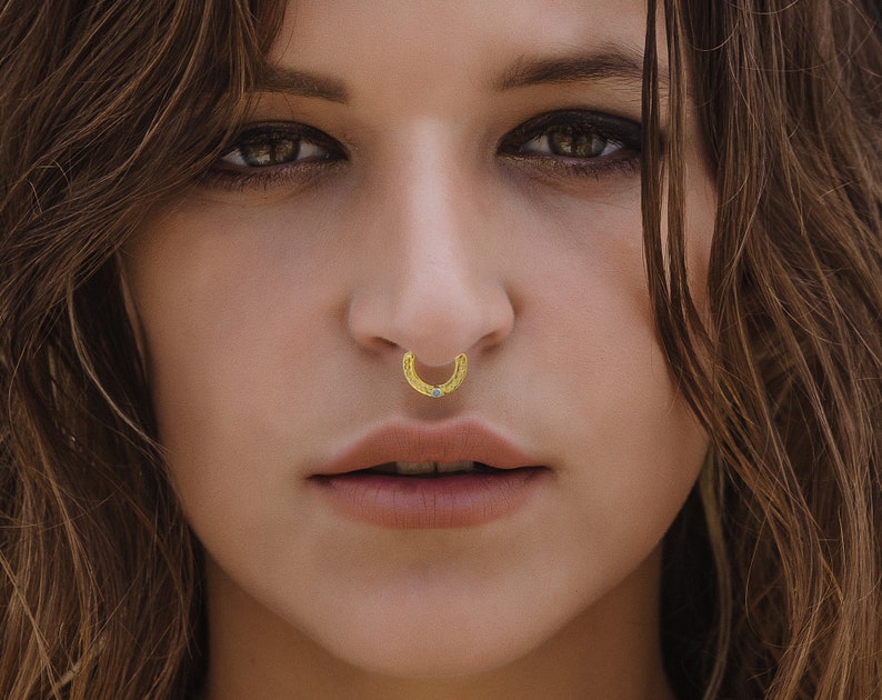 Gold Septum Ring, Gold Septum Jewelry, Gold Daith Earring, Opal Septum ...