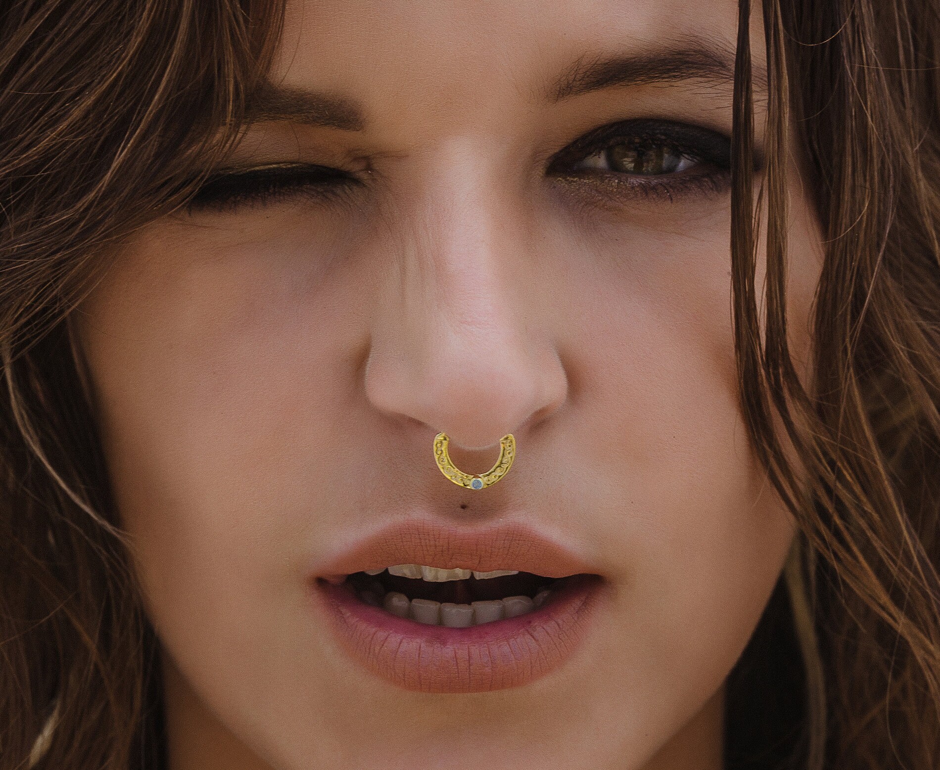 Gold Septum Ring, Gold Septum Jewelry, Gold Daith Earring, Opal Septum ...