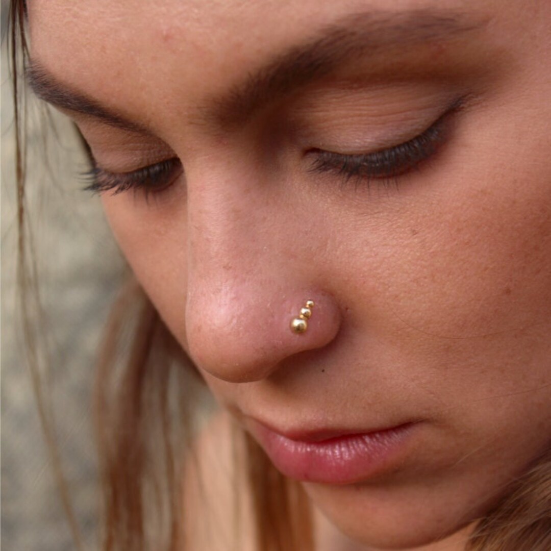 Three Dot Nose Stud, 14k Solid Gold Nose Stud, 22g Nose Stud, Indian ...