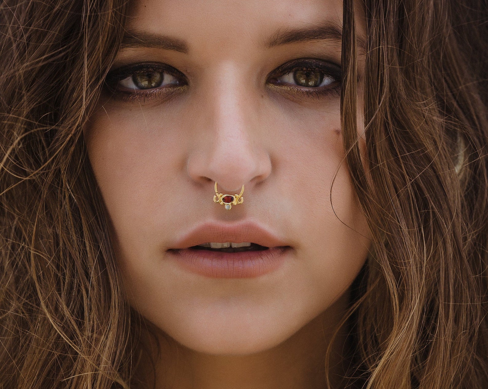 14k Gold Septum Ring Boho Cartilage Piercing Garnet Septum - Etsy
