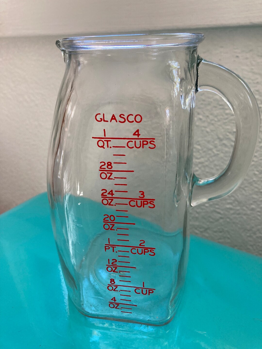 1950s Glass Pot Belly Quart Measuring Pitcher Midcentury Red Farmhouse ...