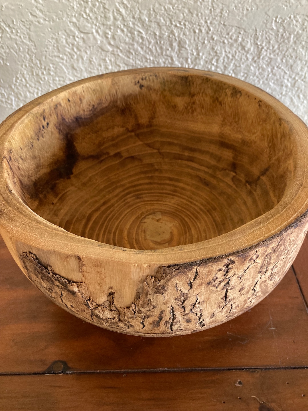 Rustic Live Edge Turned Wood Bowl With Distinctive Rings, Bark and Burn ...