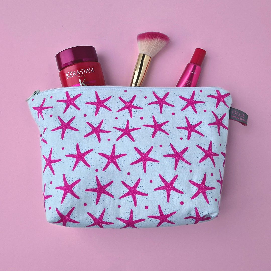 Cosmetic Makeup Bag in Pink Starfish Coastal Beach Design: 100% Cotton ...
